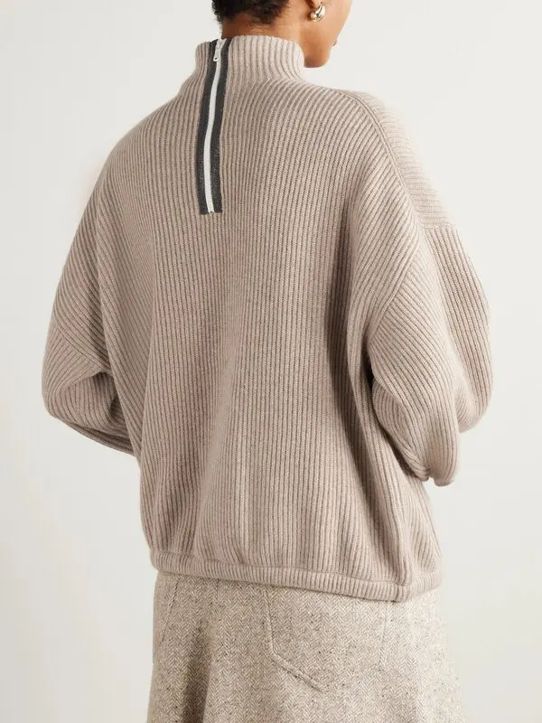 Brunello Cucinelli Ribbed Cashmere Turtleneck With Back Zip Embellishment