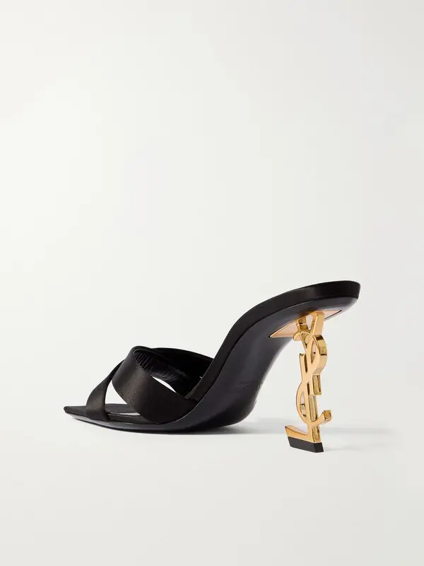 Saint Laurent Opyum Satin Mules With Emblem Heel - Black