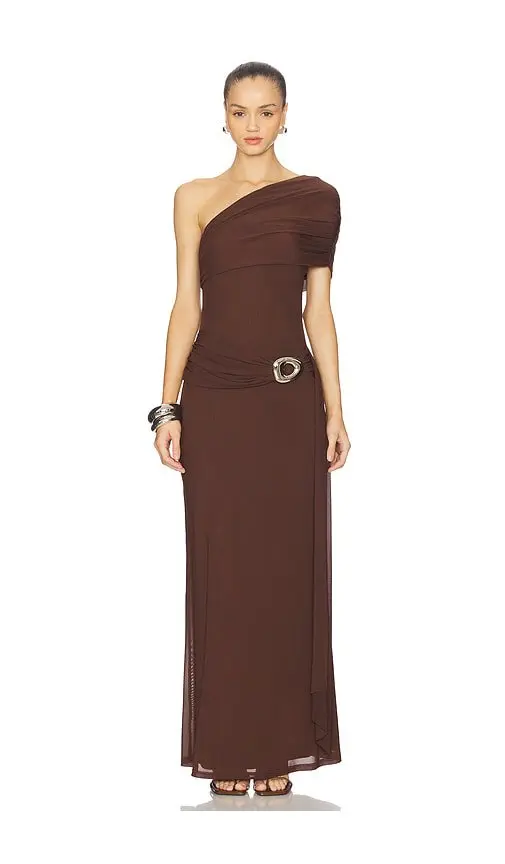 RUNAWAY THE LABEL Kassi Draped One Shoulder Midi Dress - Chocolate