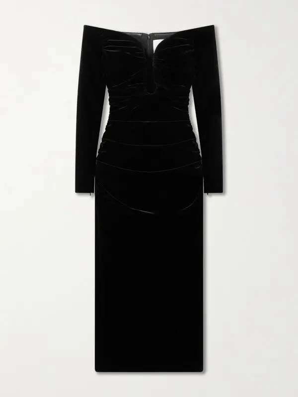 Carolina Herrera Ruched Velvet Plunge Midi Dress - Black