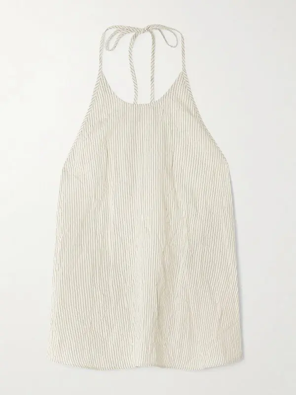 ST. AGNI Crinkled Pinstriped Woven Halterneck Tank - Neutrals