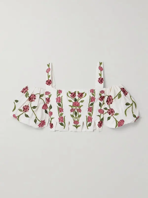 Agua Bendita Cropped Cold-shoulder Embroidered Linen Top - Multi