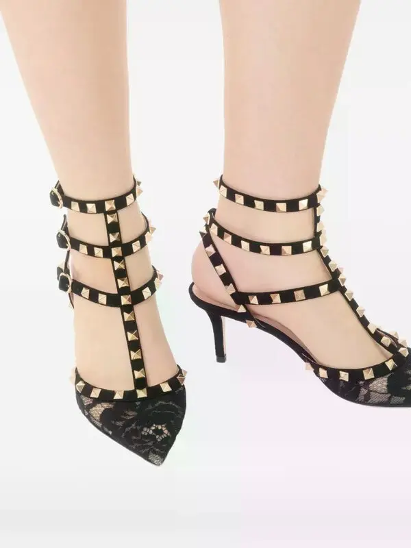 Valentino Garavani Rockstud Lace Pumps With Straps 65 Mm - Black
