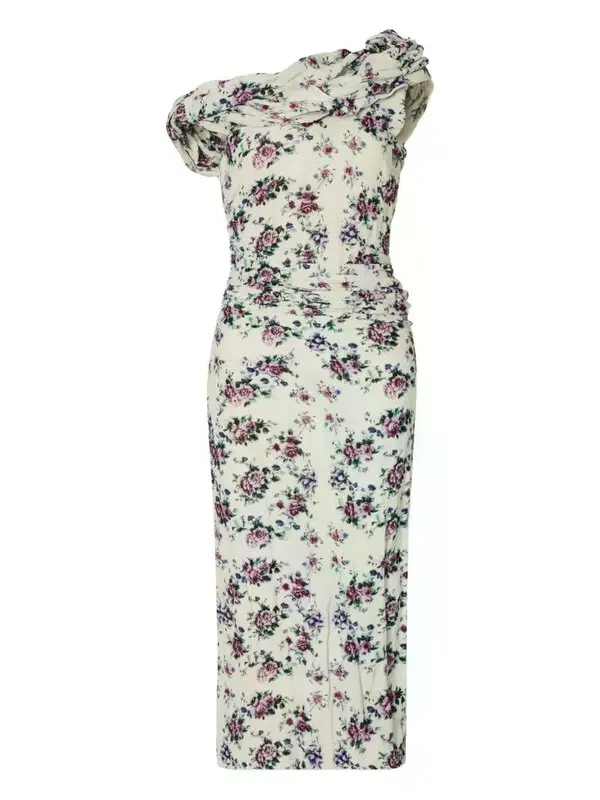 Tory Burch Floral Print Velvet One-shoulder Midi Dress - Neutrals