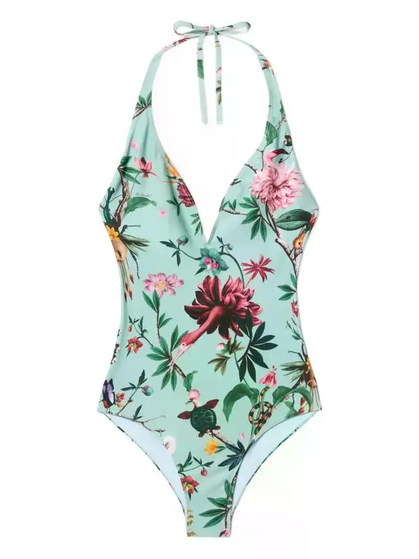 La DoubleJ Floral Print Halterneck One-piece Swimsuit - Blue