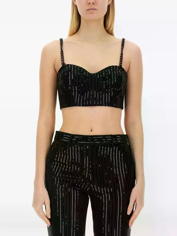 Michael Kors Striped Chain Strap Sweetheart Neck Top - Black