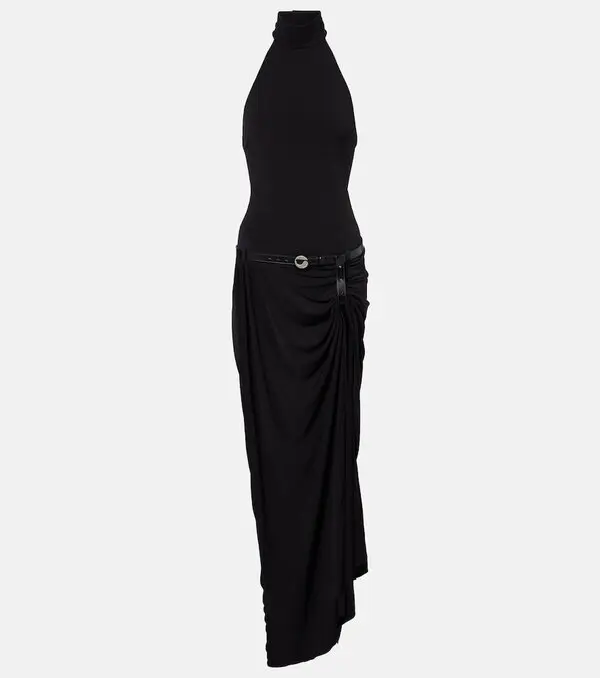 Coperni Belted Asymmetric Draped Halterneck Maxi Dress - Black