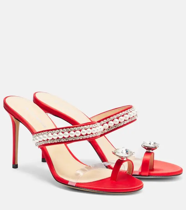 Mach & Mach Satin Embellished Mules - Red
