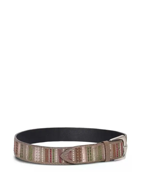Orciani Embroidered Detail Leather Belt - Grey