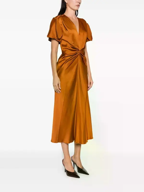 Victoria Beckham Gathered Satin Dress - Brown