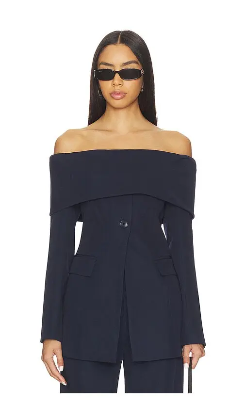 Line & Dot Off The Shoulder Top With Faux Pockets And Button Detailing - Navy