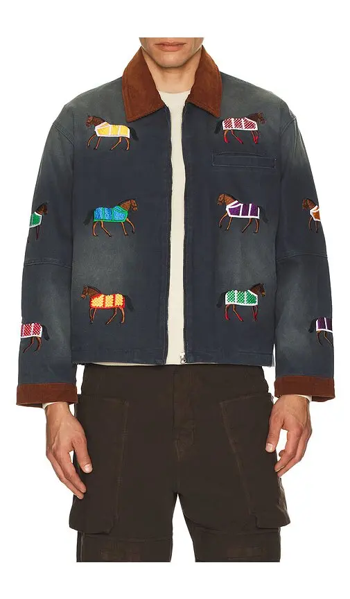 FOUND Lariat Horse Embroidered Work Jacket - Blue