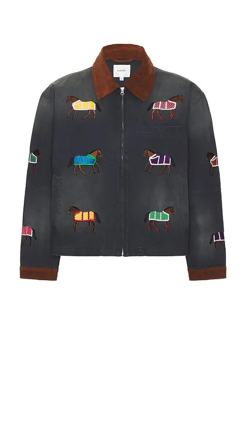 FOUND Lariat Horse Embroidered Work Jacket - Blue