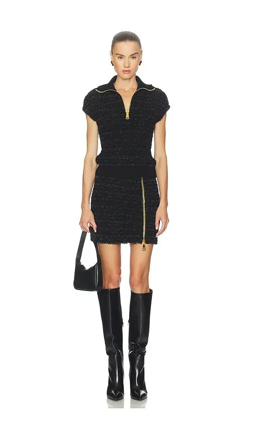 Balmain Short Sleeve Zip-up Tweed Top - Black