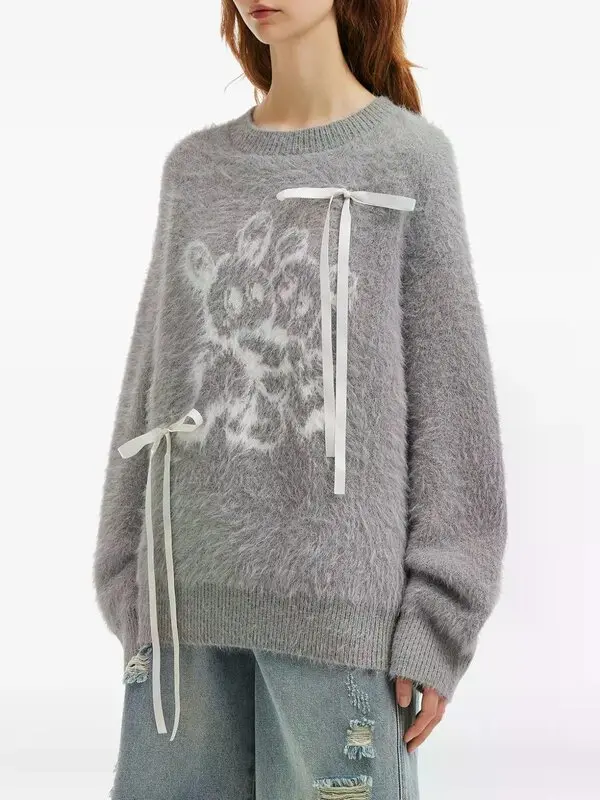 MINI CREAM Graphic Design Knit Sweater With Ribbon Detail - Grey