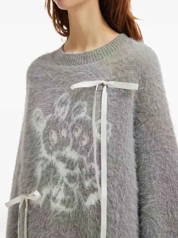 MINI CREAM Graphic Design Knit Sweater With Ribbon Detail - Grey