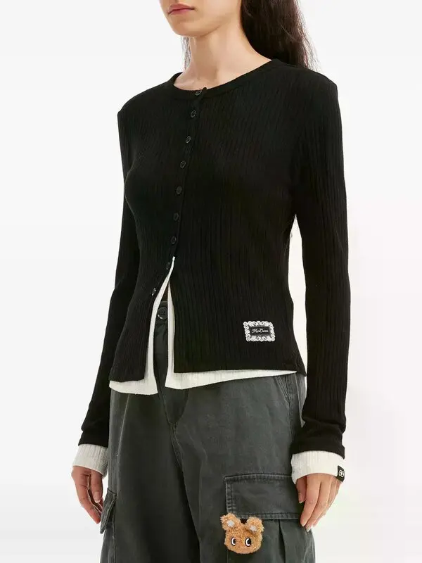 MINI CREAM Ribbed Cardigan With Contrast Cuffs And Logo Patch