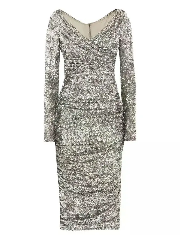 Dolce & Gabbana Sequin Draped Midi Dress - Silver