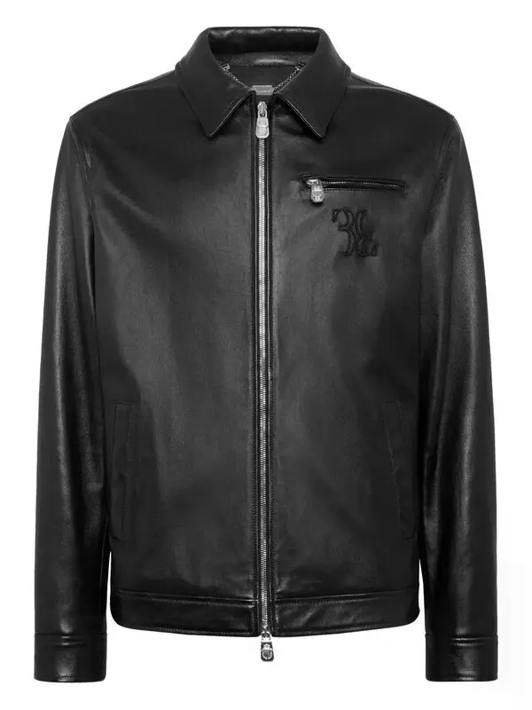 BILLIONAIRE Embroidered Logo Leather Jacket