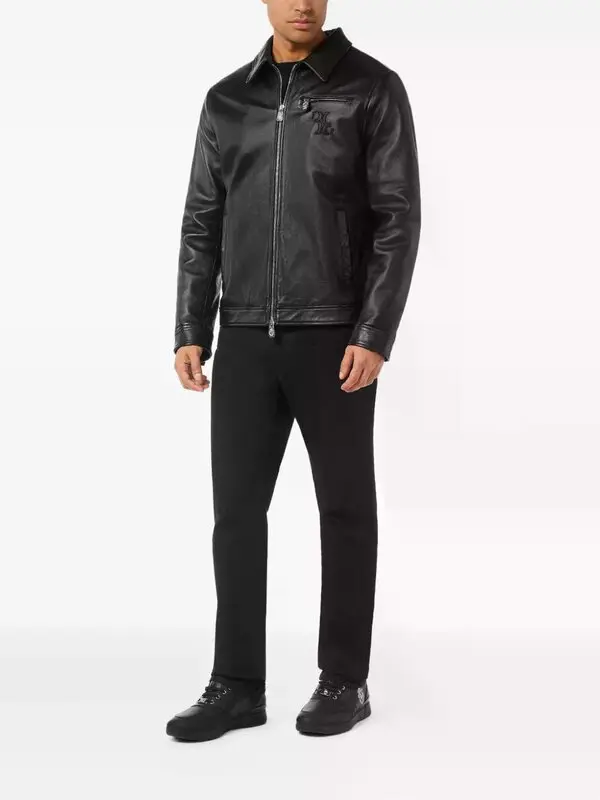 BILLIONAIRE Embroidered Logo Leather Jacket