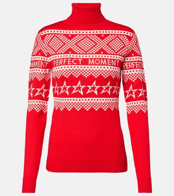 Perfect Moment Holiday Intarsia Wool Turtleneck Sweater - Red