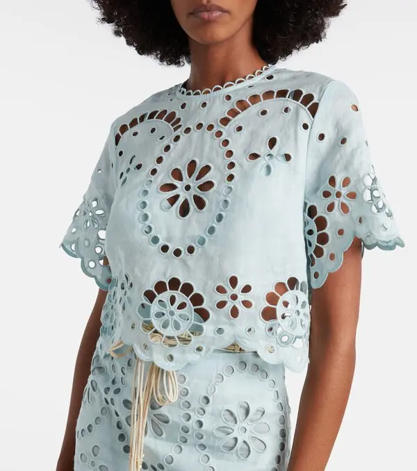 Zimmermann Awaken Embroidered Linen Crop Top