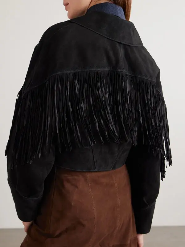 Rixo Darragh Fringed Double-breasted Suede Jacket - Black