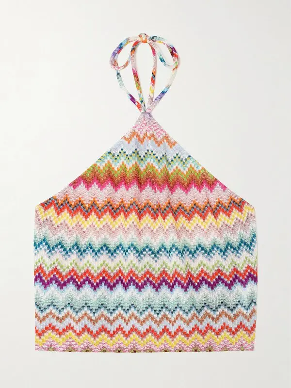 Missoni Cropped Metallic Zigzag Crochet Halterneck Top - Multi