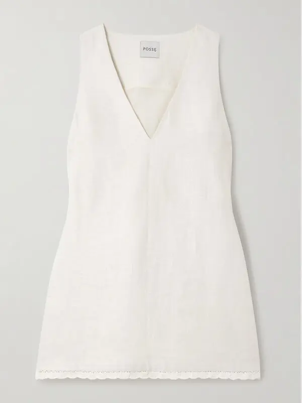 Posse Effi Crocheted Lace-trimmed Linen Mini Dress - Neutrals