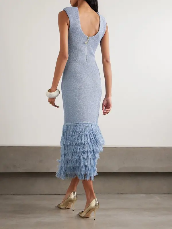 Aje Breeze Fringed Metallic Knitted Midi Dress - Blue