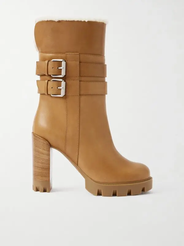 CHRISTIAN LOUBOUTIN Elisawalk Buckled Shearling-trimmed Leather Ankle Boots - Brown