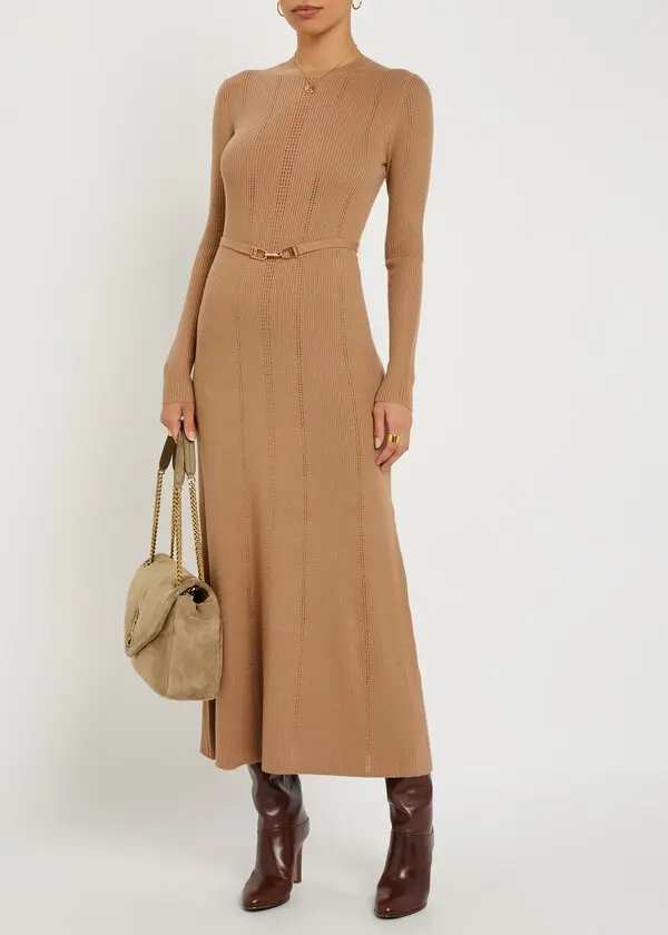 Gabriela Hearst Belted Ribbed Midi Dress - Camel