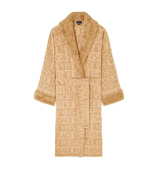 Versace Monogram Dressing Gown With Faux Fur Trim - Neutral