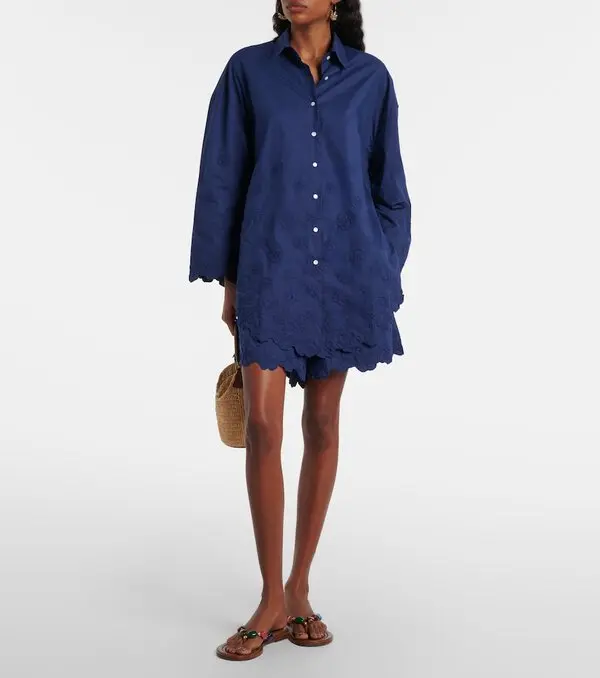 JULIET DUNN Embroidered Floral Cotton Poplin Shorts - Blue