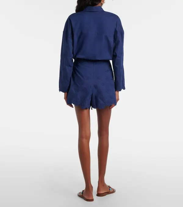 JULIET DUNN Embroidered Floral Cotton Poplin Shorts - Blue