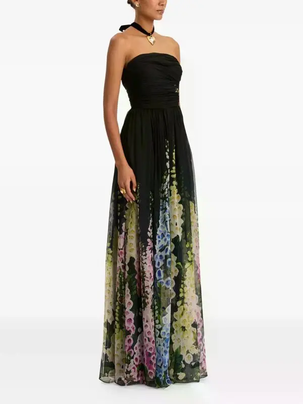 Oscar De La Renta Floral Print Strapless Chiffon Gown