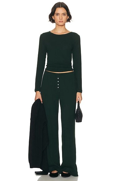 LESET Pointelle Slim Fit Long Sleeve Top - Forest