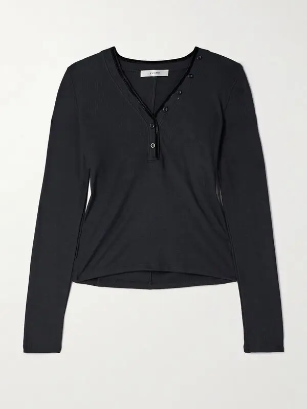 FRAME The Henley Velvet-trimmed Ribbed Stretch-modal Top - Black