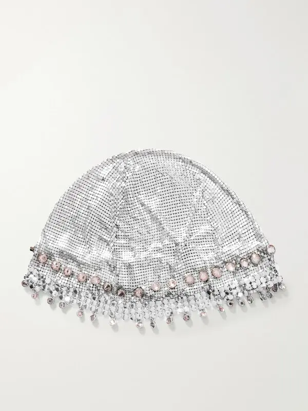 Rabanne Chainmail Hat With Crystal Embellishments And Fringe - Silver