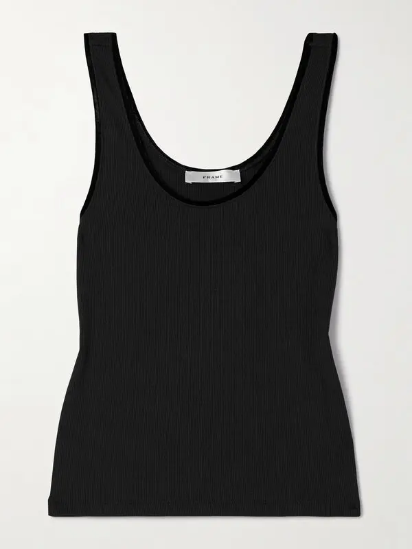 FRAME Velvet-trimmed Ribbed Stretch-modal Tank