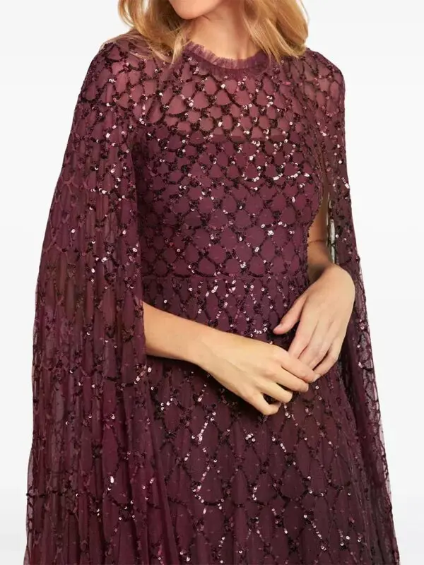 NEEDLE & THREAD Claret Heart Pattern Sequined Midi Dress With Cape Detail