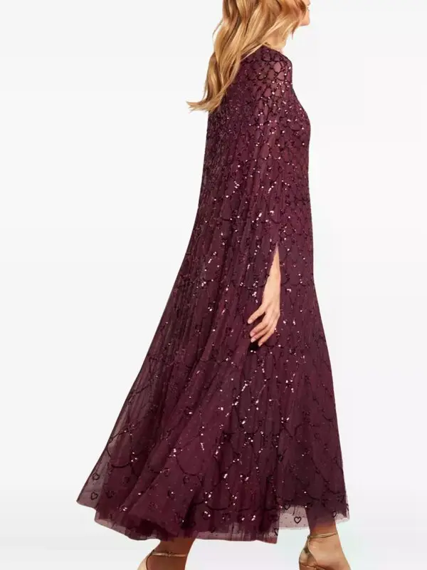 NEEDLE & THREAD Claret Heart Pattern Sequined Midi Dress With Cape Detail