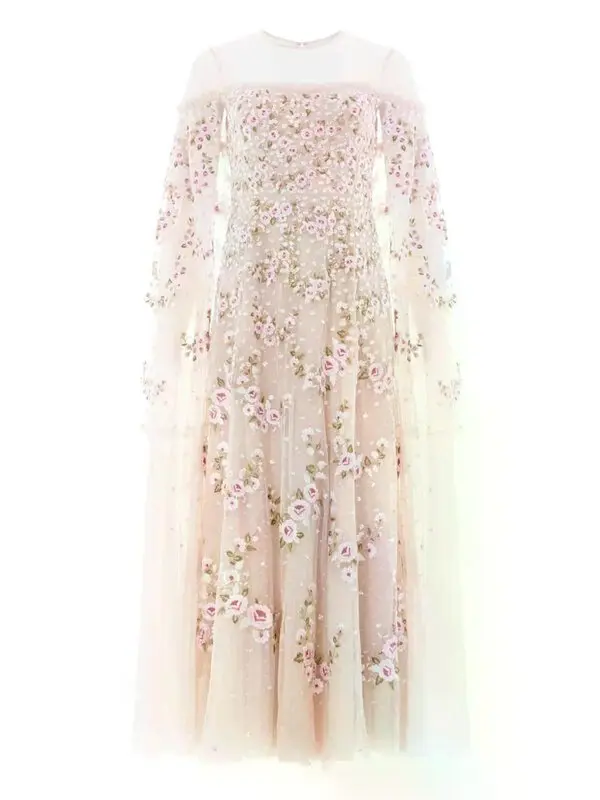 NEEDLE & THREAD Crescent Roses Cape-detail Midi Dress - Neutrals
