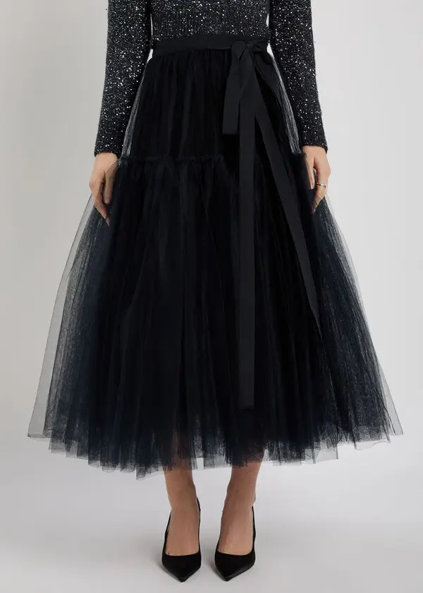 Erdem Bow-embellished Tulle Midi Skirt
