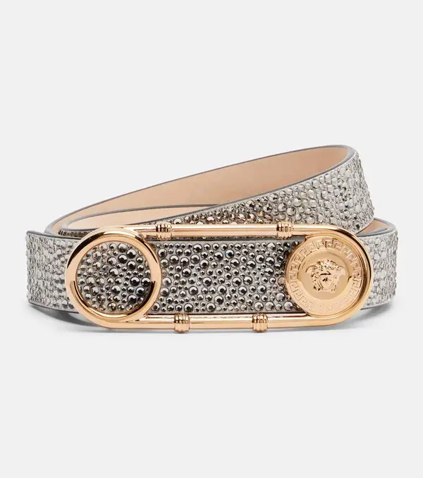 Versace Embellished Safety Pin Leather Belt - Silver