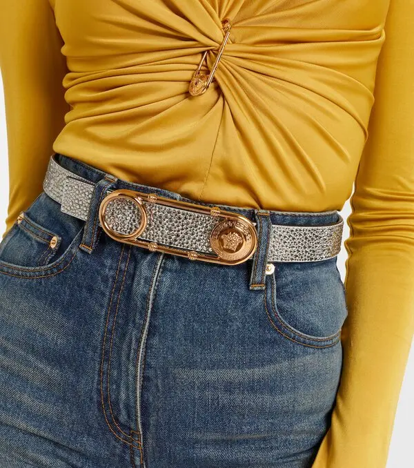 Versace Embellished Safety Pin Leather Belt