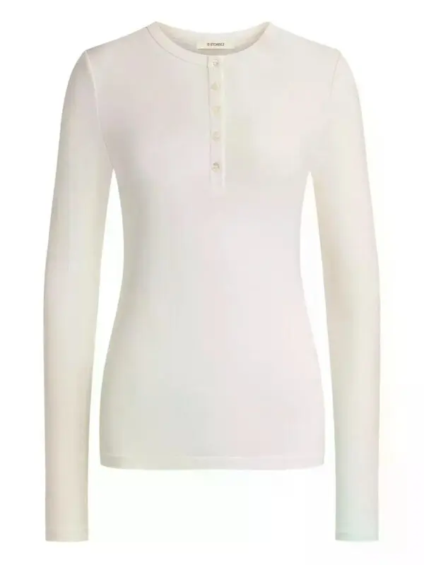 12 STOREEZ Henley Neck Blouse With Button Detail And Long Sleeves - Neutrals