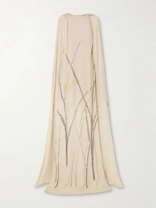 Bernadette Minnie Cape-effect Sequin-embellished Wheat-print Gown - Neutrals