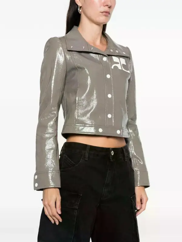 COURREGES Vinyl Cropped Jacket With Logo Patch - Brown