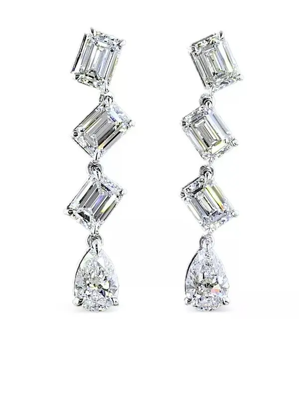 JEWELS AFICIONADO 14k White Gold Emerald And Pear Cut Diamond Drop Earrings - Silver